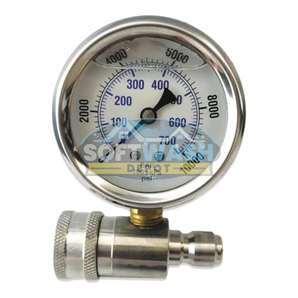 10,000 PSI Top Mount Pressure Gauge on Stainless QC Fitting
