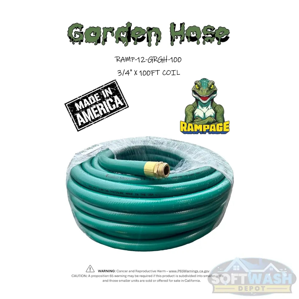 Rampage 3/4" Green Garden Hose w/ Brass Ends | Soft & Pressure Washing